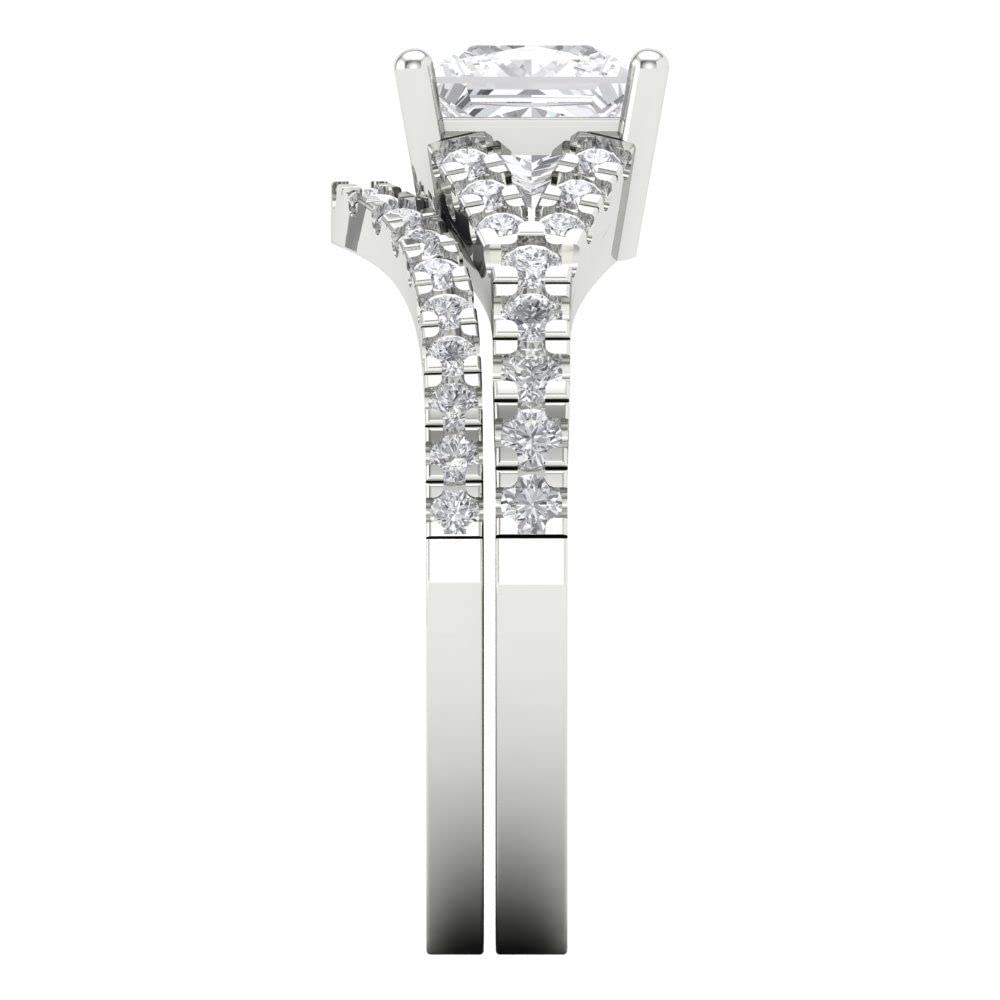Clara Pucci 3.36 ct Princess Cut Clear Simulated Diamond 14k White Gold Solitaire W/Accents Wedding Engagement Bridal Ring Band Set Sz 7