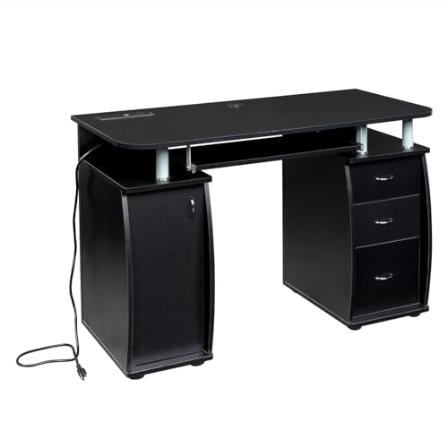 DESIGNSCAPE3D Modern Black Computer Desk with Keyboard Tray, 3 Drawers, and Charging Station - Home Office Desk for Efficiency and Style