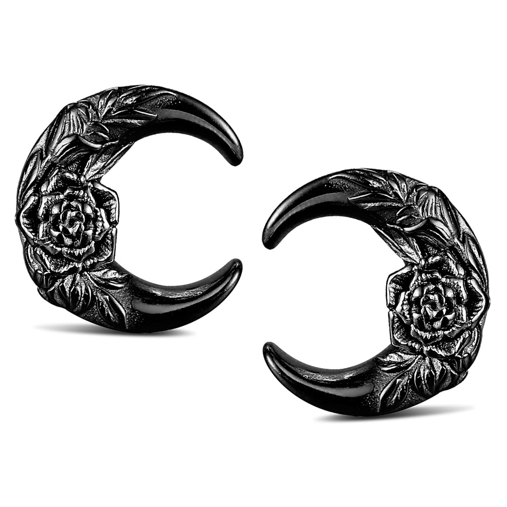 Earblity 2PCS Crescent Moon Saddle Plugs 316 Stainless Steel Ear Gauges Hypoallergenic ear gauges expander Piercing Body Jewelry (10MM, Black)