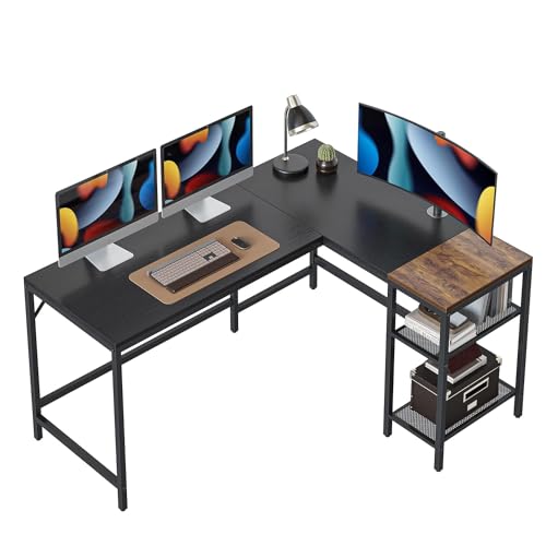 CubiCubi L-Shaped Computer Desk, Industrial Office Corner Desk Writing Study Table with Storage Shelves, Space-Saving, Black/Dark Rustic