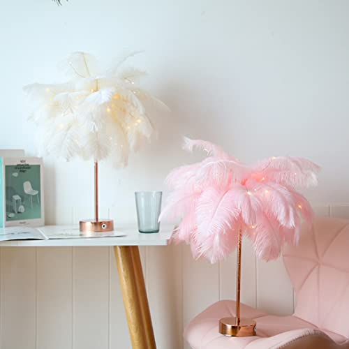 Naisicore Feathers Table Lamps, 18.9inch Ostrich Feather Night Light, USB/Battery Powered Bedside Lamps, Desktop Atmosphere Lights Gift for Mother, Girlfriend Wedding Decoration (Pink)