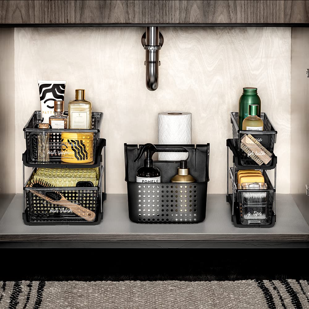 madesmart 2-Tier Plastic Multipurpose Organizer with Divided Slide-Out Storage Bins, Compact Under Sink and Cabinet Organizer Rack, Smoke