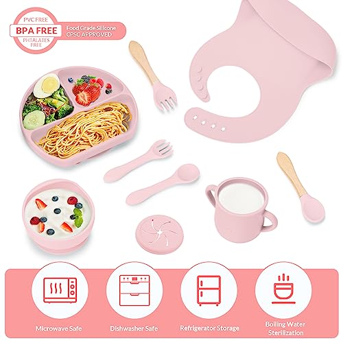 Silicone Baby Feeding Set - REIKTLUD Baby Led Weaning Supplies - Silicone Suction Bowls Divided Plates, Sippy and Snack Cup - Toddler Self Feeding Eating Utensils Set with Bib, Spoons, Fork (Pink)