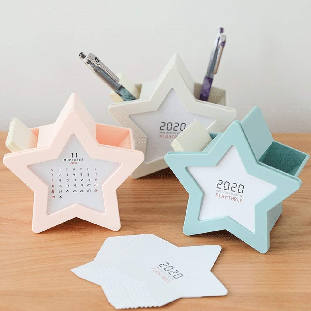 Desk Calendars 2020 Fun Calendar Star Shape Desk Calendar Storage with Pen Holder 2020.1-2020.12 Months Desk Calendar,Support Customization Calendars (Color : Blue)