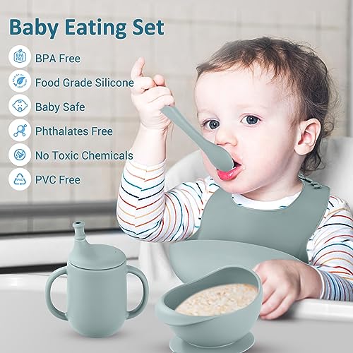 Silicone Baby Feeding Set, FOTEEMO Led Weaning 11-Piece Feeding Eating Supplies Self Feeding Baby Utensils Eating Suction Bowl For 6+ Months Toddler (Blue)