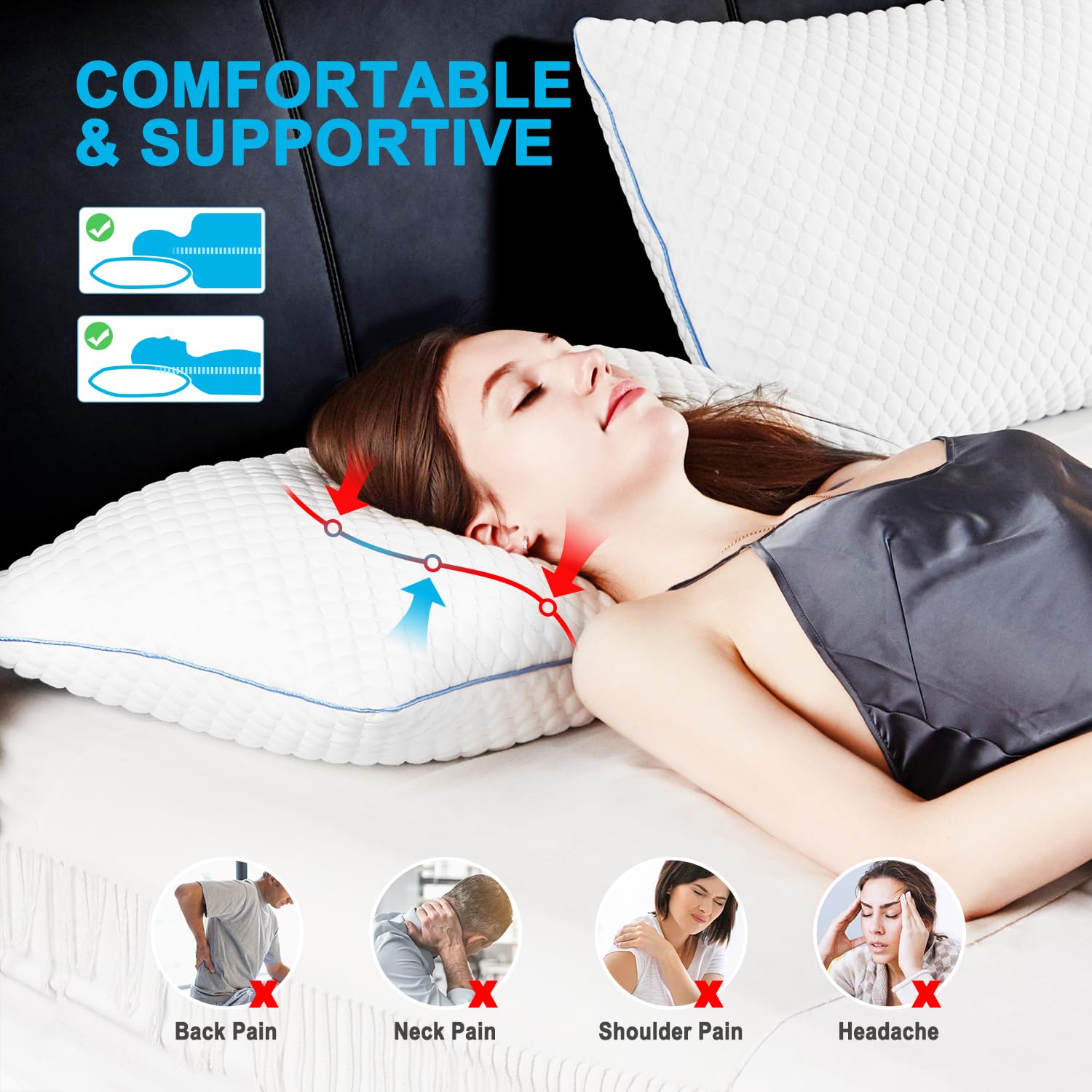 Cooling Bed Pillows Queen Size Set of 2, Shredded Memory Foam Pillows Cool Cold Pillow for Side Back Stomach Sleepers, Gel Pillow Adjustable Firm Pillows Soft Pillows for Sleeping 20x30 Pillow White
