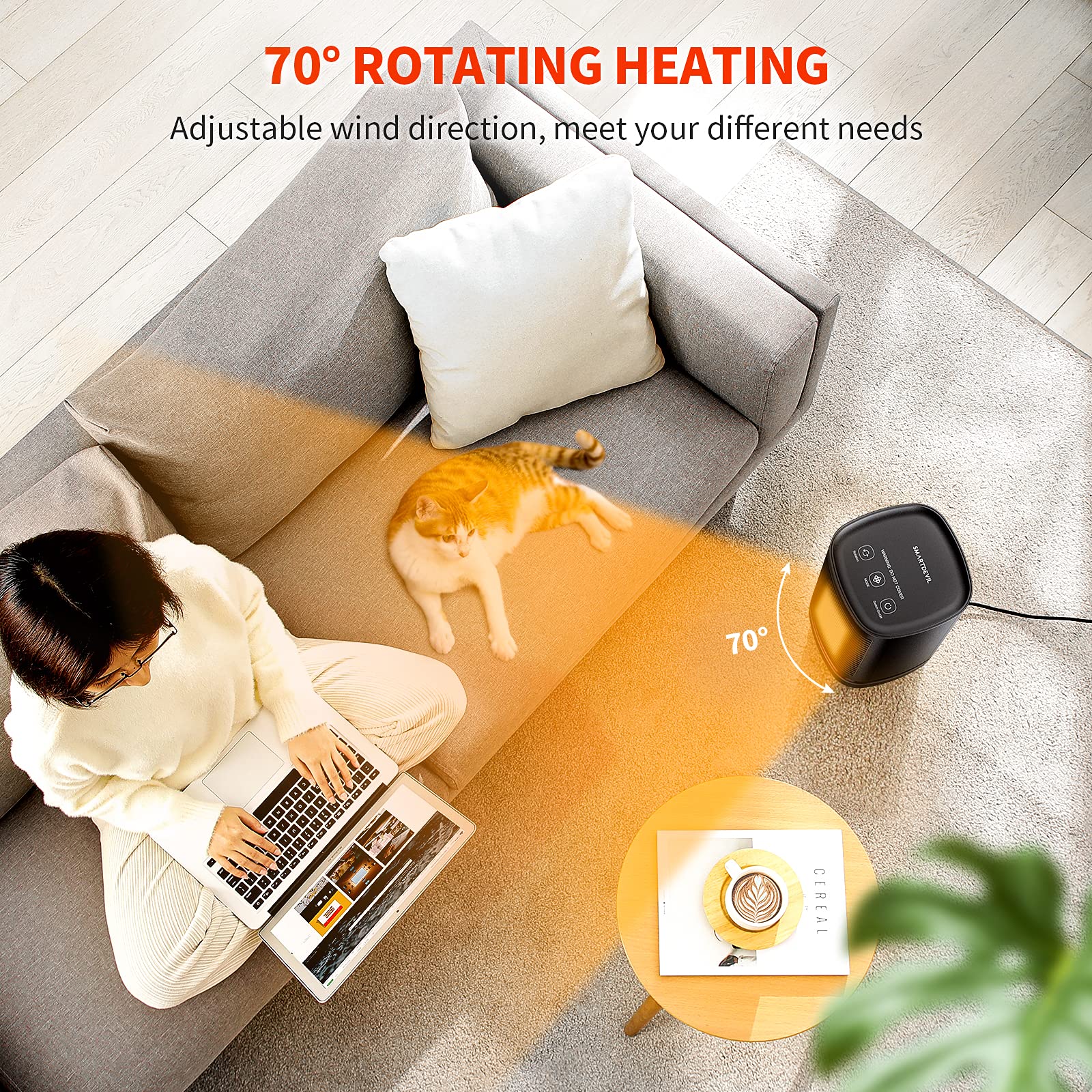 SmartDevil Space Heater, 70° Oscillating Portable Electric Heater, 1500W/800W PTC Ceramic Small Space Heater with 3 Modes, Mini Heater for Office, Desk, Bedroom, Indoor (Black)