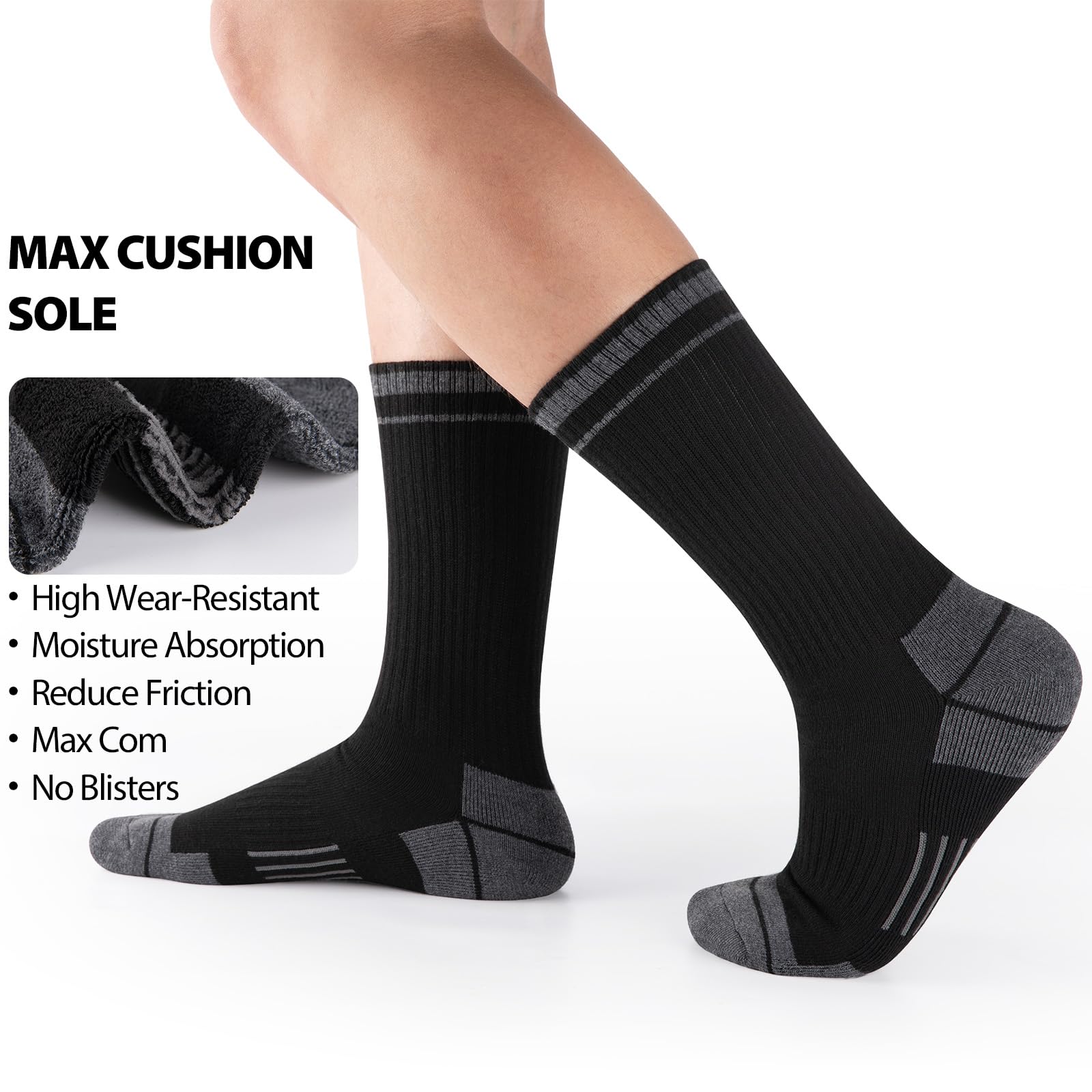 COOPLUS Mens Crew Socks for Athletic Work Running, Max Cushioned Boot Calf Sock for Cold Weather (6 Pairs)