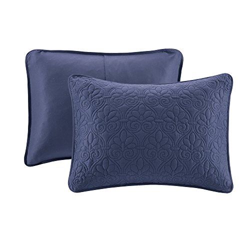 Madison Park Quebec Reversible Quilt Set Damask Design, Double Sided Stitching All Season, Lightweight Bedspread Bedding Set, Matching Sham, Navy, King(120"x118") 3 Piece