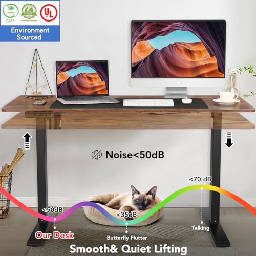 farexon Electric Standing Desk Adjustable Height, 48x 24 Inches Sit Stand Up Computer Desk with Double Metal Hook,4 Memory Preset Heights, 27''-45'' Lifting Range for Home/Office,Vintage Brown