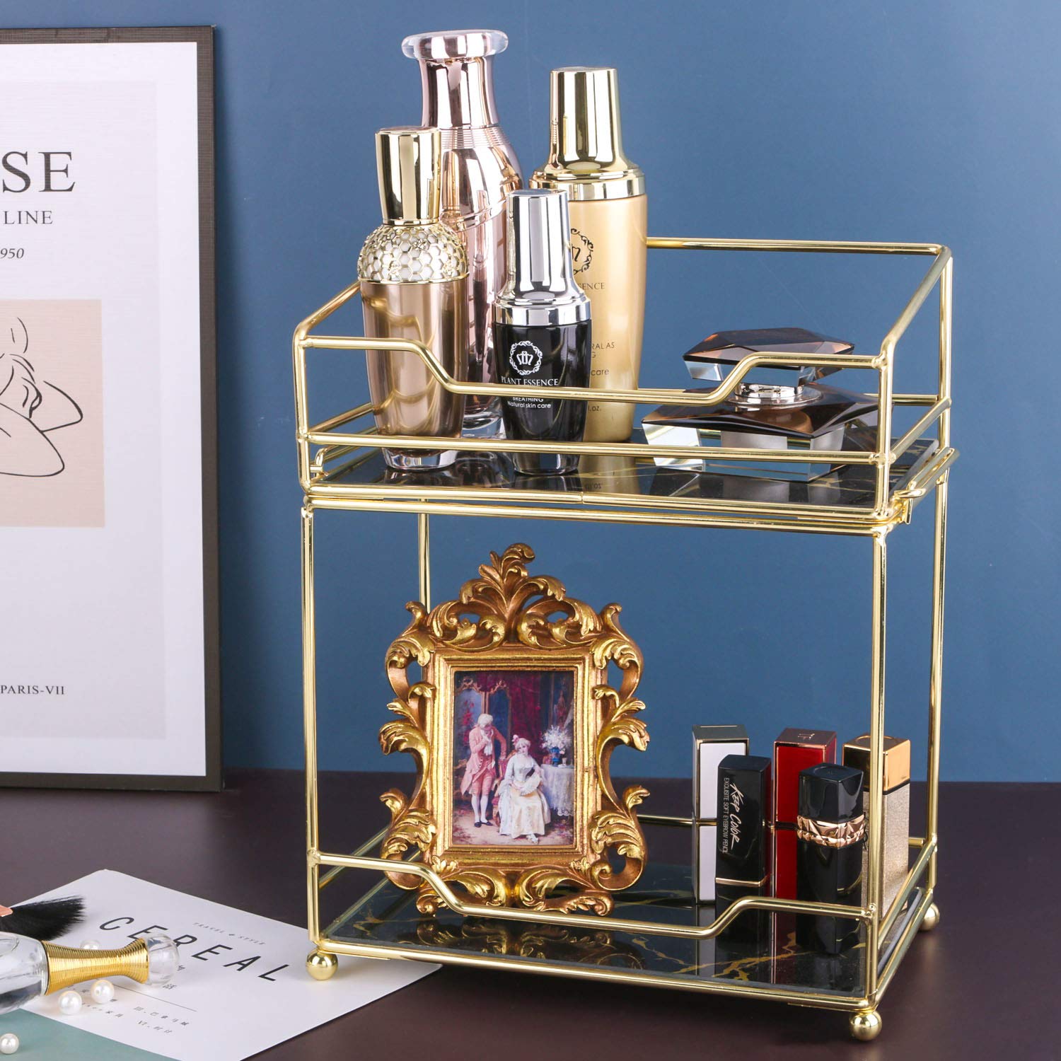 Simmer Stone Makeup Organizer Shelf, 2 Tier Cosmetic Storage Basket with Removable Glass Tray, Wire Vanity Organizer Rack for Bathroom, Dresser, Countertop and More, Stackable Assembly