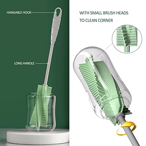 Water Bottle Cleaner Brush Set, Meritpick 3 in 1 Multipurpose Bottle Gap Cleaner Brush & Long Handle Silicone Bottle Brush & Straw Cleaner Brush for All Water Bottle, Baby Bottles (Green)