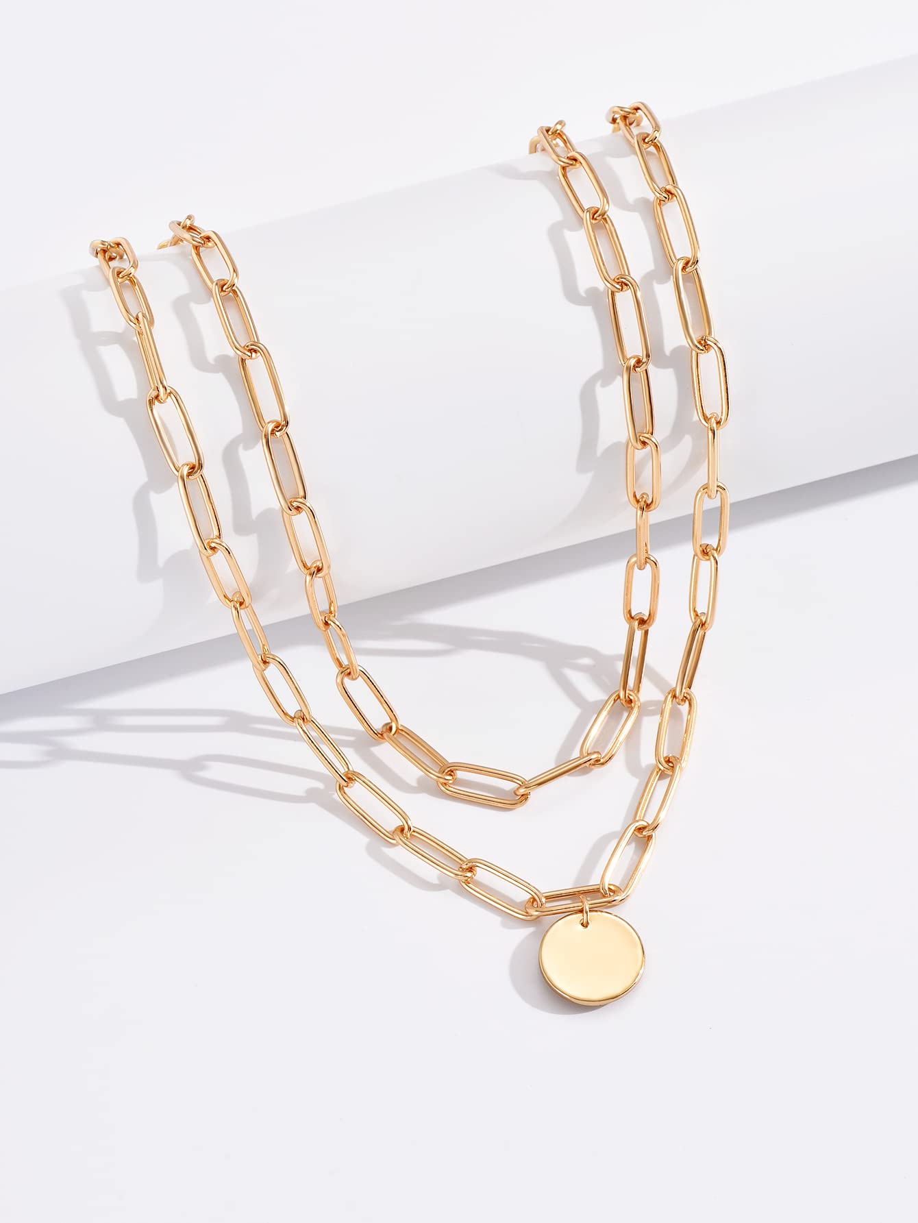 GORGLITTER Women's Round Pendant Layered Necklace Paperclip Chain Necklaces Yellow Gold One Size