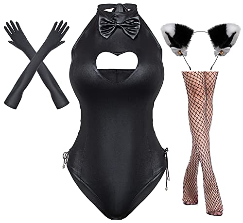 Womens Bunny Girl Suit Button Crotch Romper Onesie Bodysuit Cosplay Costume Furry Cat Ear Gloves Socks Set(Black 4XL)