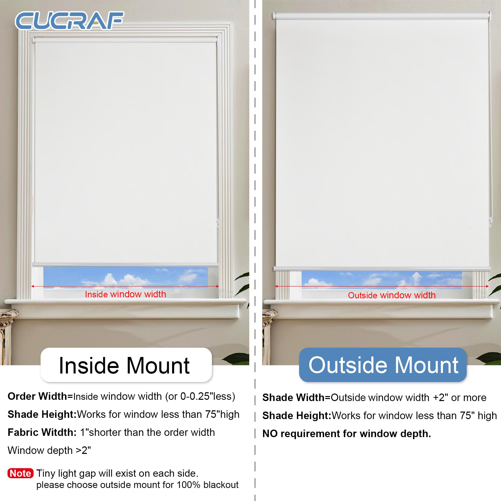 CUCRAF Roller Shades for Windows, 100% Blackout Roller Window Shades for Home, Thermal Insulated Roller Blinds for Doors Bedroom Office, Sun Blocking, Easy to Install, Off White, 35" W x 75" H