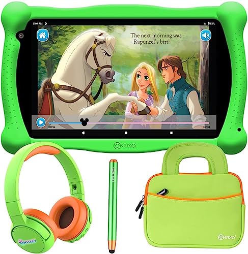 Contixo V10 Plus 7 inch Kids Learning Tablet Bundle - 2GB RAM 32GB Storage, Bluetooth, Android 10, Dual Cameras, Parental Control, Come with Kids Bluetooth Headphone & Tablet Bag - Green-Set