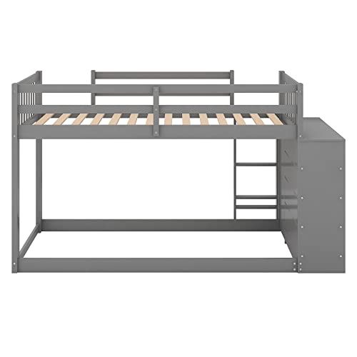 P PURLOVE Twin Over Twin Bunk Bed with Attached Cabinet and Shelves Storage, Wooden Bunk Bed Frame with Ladder and Guardrail, for Teens Girls Boys, Gray