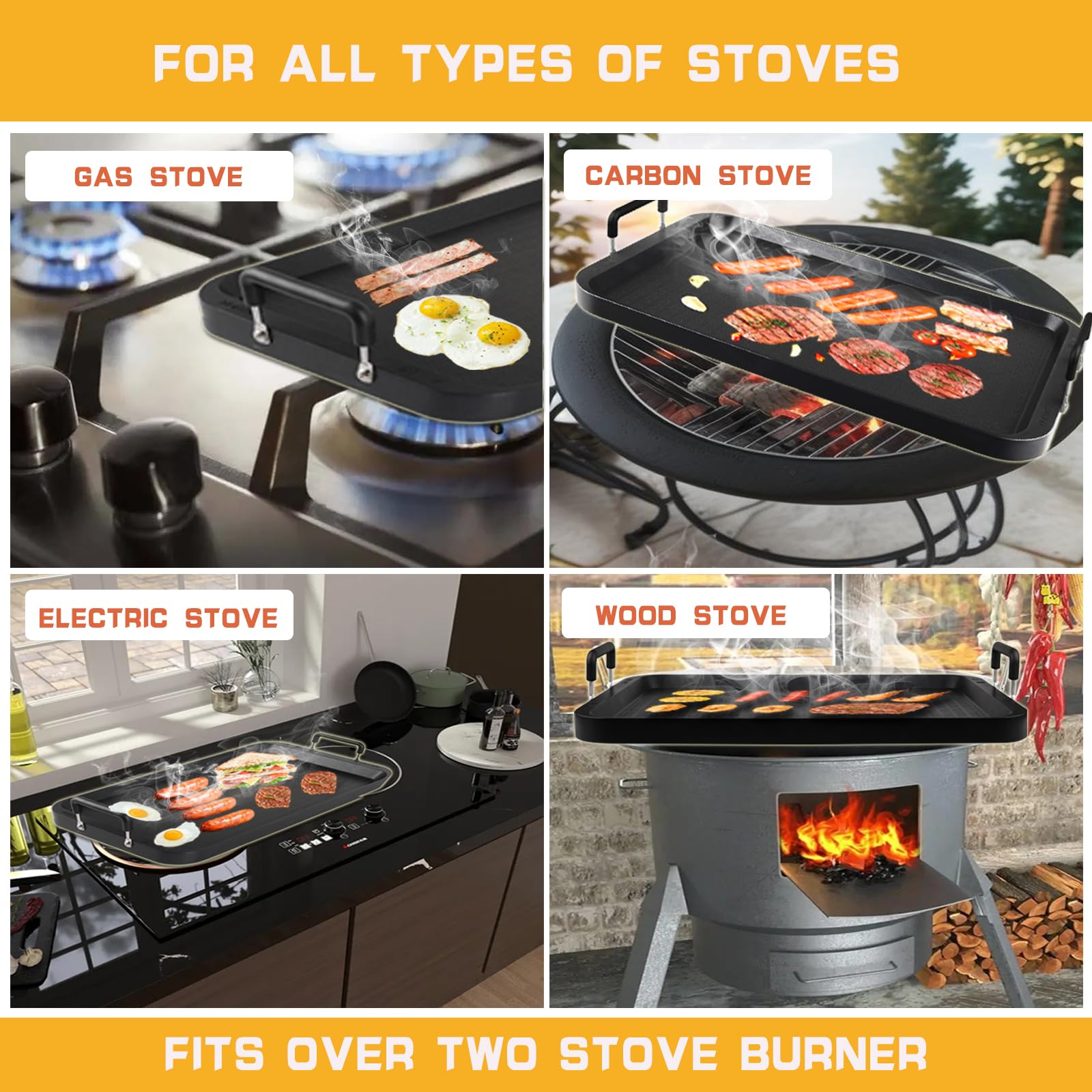 Non-Stick Aluminum Stove Top Flat Griddle, Warp-Resistant Double Burner Griddle for Glass and Gas Stove, Great for Breakfast and BBQ Indoor or Outdoor 17" x 10.5"