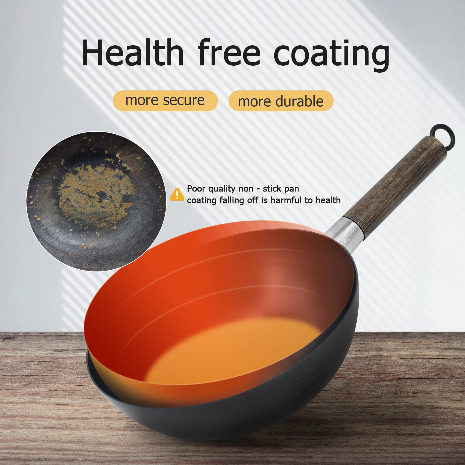 Non-Stick Cast Iron Wok Small Wok Pan with Iron Lid Wodden Handle Suitable for All Stoves, 9" Mini Wok