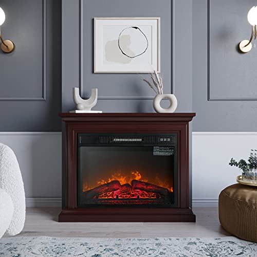 Della 31 Inch Mantel with 23 Inch 1400W Electric Fireplace with Remote Control, Heater with Realistic LED Flames, for Living Room or Bedroom - Brown