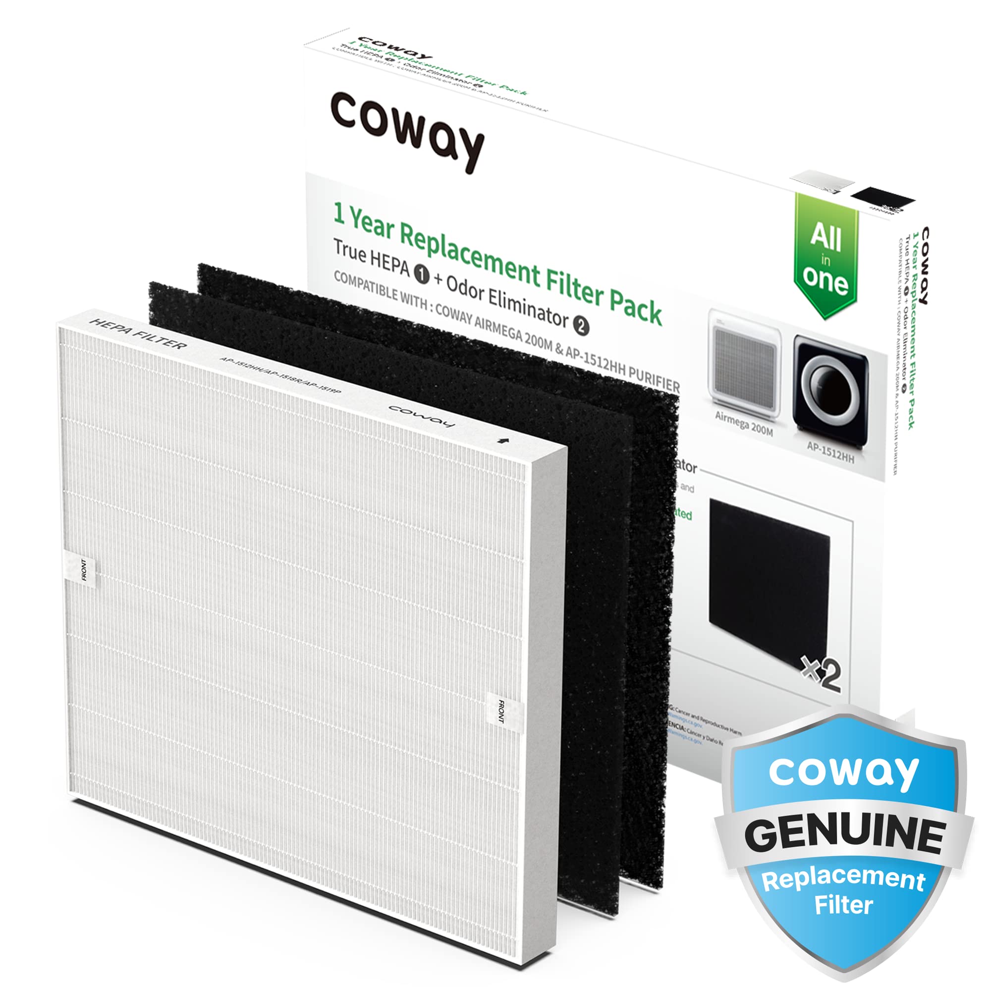 Coway Airmega 300 True HEPA Air Purifier with Smart Technology, Covers 1,256 sq.ft, White & Airmega AP-1512HH Air Purifier Replacement Filter Set, 1 Count (Pack of 1), White