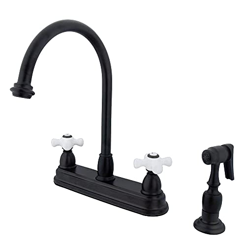 Kingston Brass KB3755PXBS Deck Mount 8" Center Kitchen Faucet, Porcelain Cross Handle with Brass Sprayer, Oil Rubbed Bronze