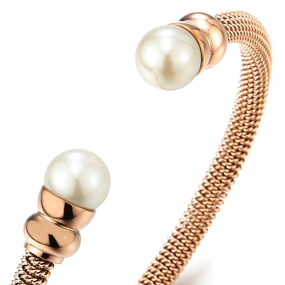 COOLSTEELANDBEYOND Classic Ladies Stainless Steel Gold Color Twisted Wire Bangle Bracelet with Synthetic White Pearl