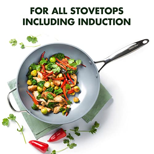 GreenPan Valencia Pro Hard Anodized Healthy Ceramic Nonstick 12" Wok, PFAS-Free, Induction, Dishwasher Safe, Oven Safe, Gray