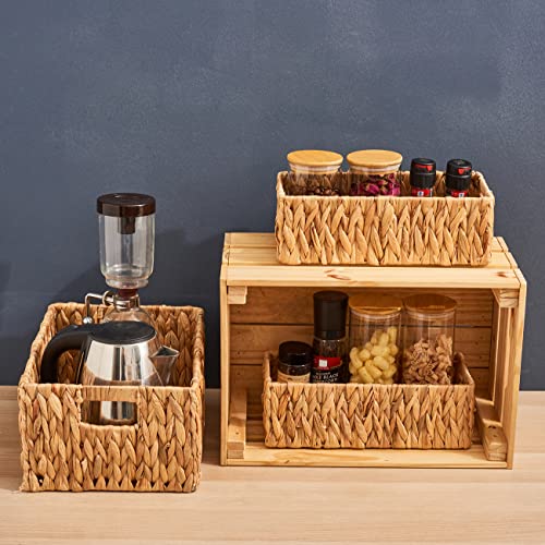 EZOWare Natural Water Hyacinth Baskets, Set of 3 Woven Wicker Rectangular Storage Organizer Bin Boxes with Handles for Closet Toys Clothes Kids Room Nursery - 2 Sizes