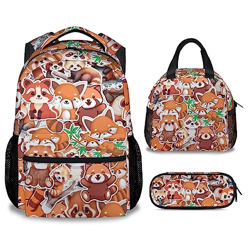 CUSPCOD Red Panda Backpack with Lunch Box and Pencil Case for Girls Boys, 16 Inch School Bookbag with Adjustable Straps, Travel Bag Durable, Lightweight, Large Capacity