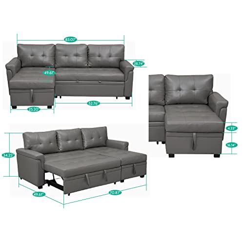 Naomi Home Laura Sectional Sleeper Sofa with Pull Out Bed, Reversible Sleeper Sectional Sofa Bed, Best Sleeper Sofa Couch with 168L Storage, L-Shape Pull Out Couch Bed Sleeper Sofa β Air Leather/Gray