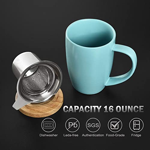 COYMOS Ceramic Tea Mug with Infuser and Lid, 16oz Loose Leaf Tea Cup Large Handle Teaware Mug, Tea Lover Gifts for Women and Man (Turquoise)