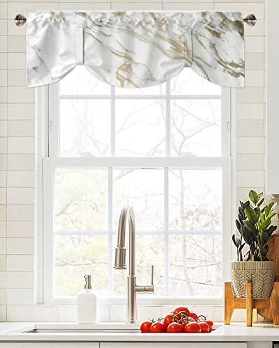 Tie Up Valance for Kitchen Windows,Abstract White Marble Gold Inlay Adjustable Valances Rod Pocket Short Curtain,Modern Simple Geometric Tie Up Curtains Valance for Bedroom Bathroom 60x18in