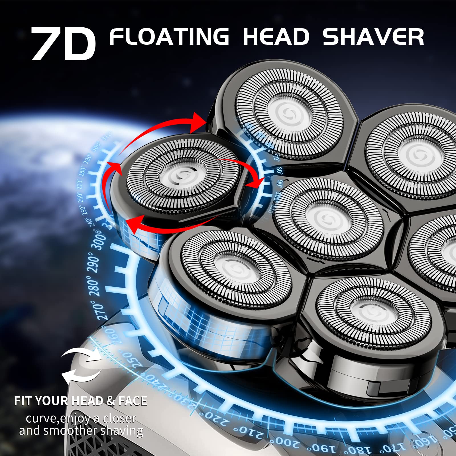Detachable Head Shavers for Bald Men, 6 in 1 Electric Razor for Bald Men, 7D with Hair Sideburns Trimmer, Waterproof Wet&Dry, Cordless Men's Grooming Kit