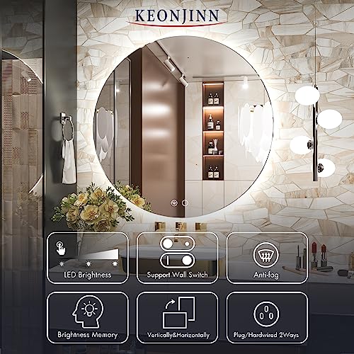 Keonjinn 36 Inch Backlit Mirror Bathroom LED Round Mirror 3000K/4500K/6000K Large Lighted Vanity Mirror Circle Mirror with Lights Dimmable Wall Mounted LED Bathroom Mirror Anti-Fog Makeup Mirror