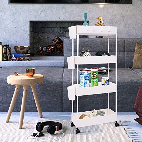 OVAKIA 4-Tier Slim Rolling Utility Cart Storage Shelves Trolley Storage Organizer Shelving Rack with Mesh Baskets/Wheel Casters for Laundry Pantry Bathroom Kitchen Office Narrow Places(White)