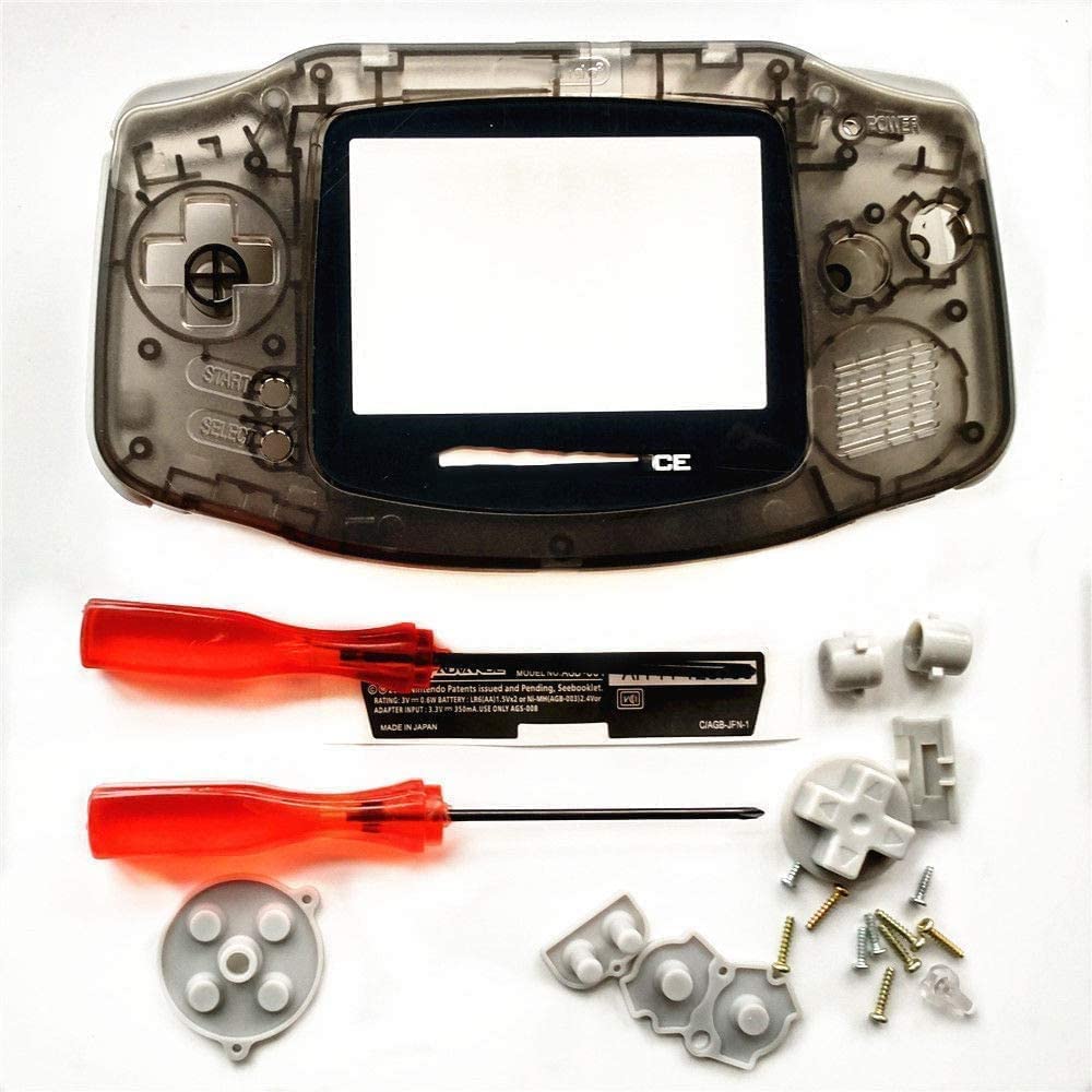 Full Housing Shell Cover Case with Buttons Screws Rubber Pads Tools for Gameboy Advance GBA Repair Part (Clear Black)