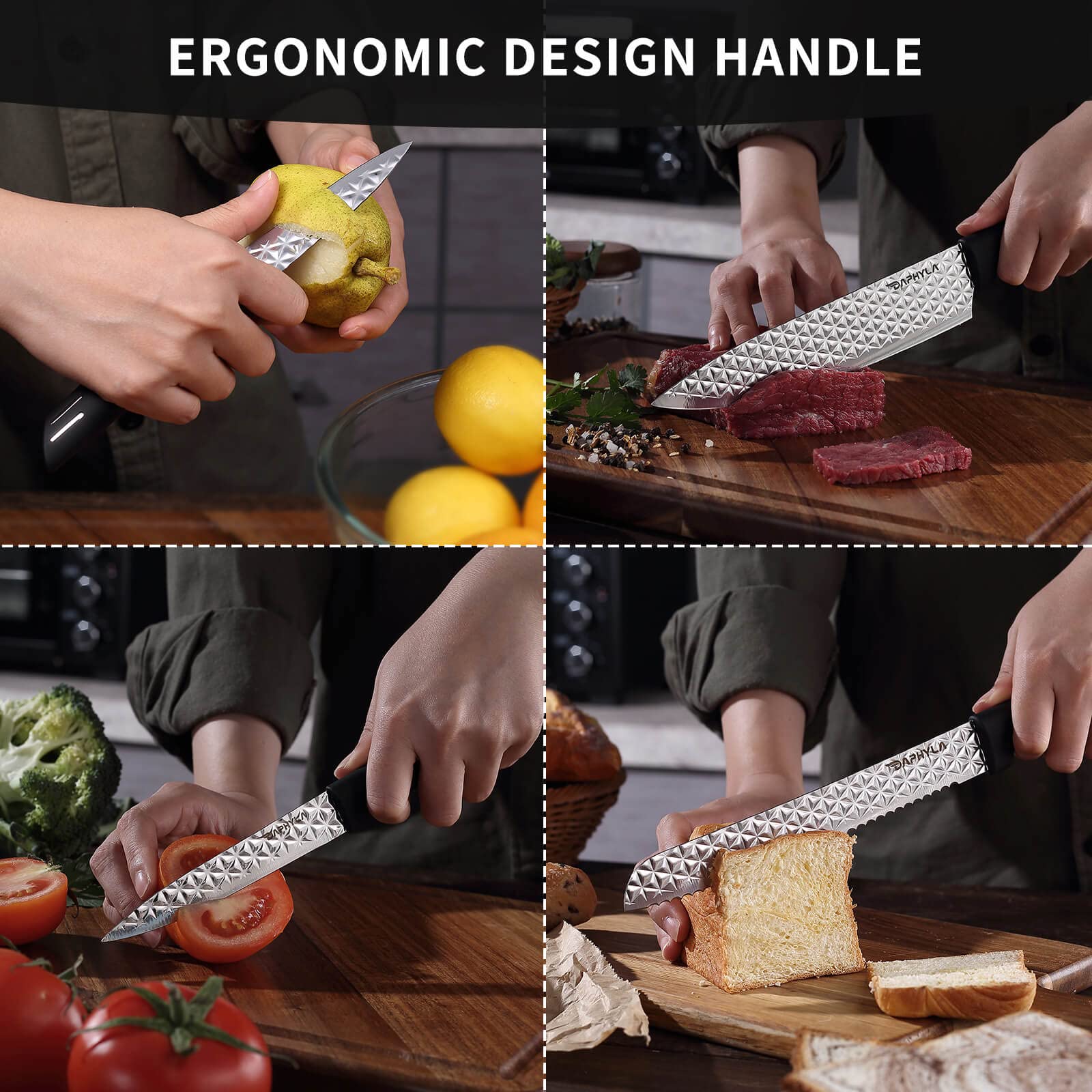 Daphyla Kitchen Knife Set, 12Pcs Stainless Steel Nonstick Sharp Chef's Knife Set for Kitchen, 6 Diamond Texture Blade & 6 Knife Sheathes, Dishwasher Safe For Cooking (Sliver)