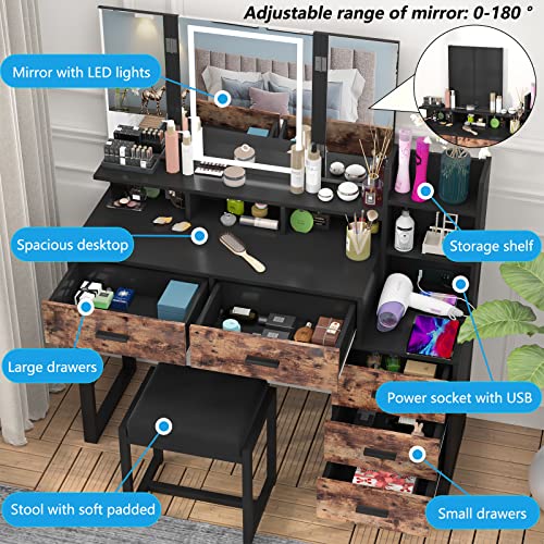 PAKASEPT Vanity Set with Lighted Tri-fold Mirror, Vanity Desk with Charging Station, 3-Color Adjustable Touch Light, 5 Drawers, Storage Shelves&Cushioned Stool Makeup Vanity for Bedroom, Black