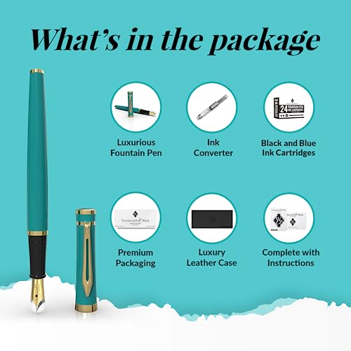Wordsworth & Black Fountain Pen Set, Medium Nib, Includes 6 Ink Cartridges and Ink Refill Converter, Journaling, Calligraphy, Smooth Writing Pens [Turquoise Gold], Men and Women,1 Count (Pack of 1)