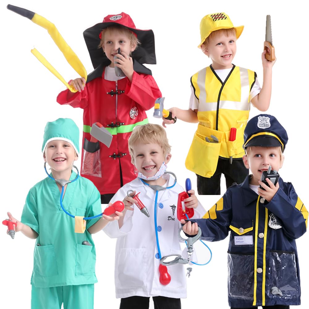 TopTie 5 Sets Halloween Kids Costumes, Dress Up Costumes with Storage Box for Age 3-7, Doctor Fireman Police Surgeon Worker