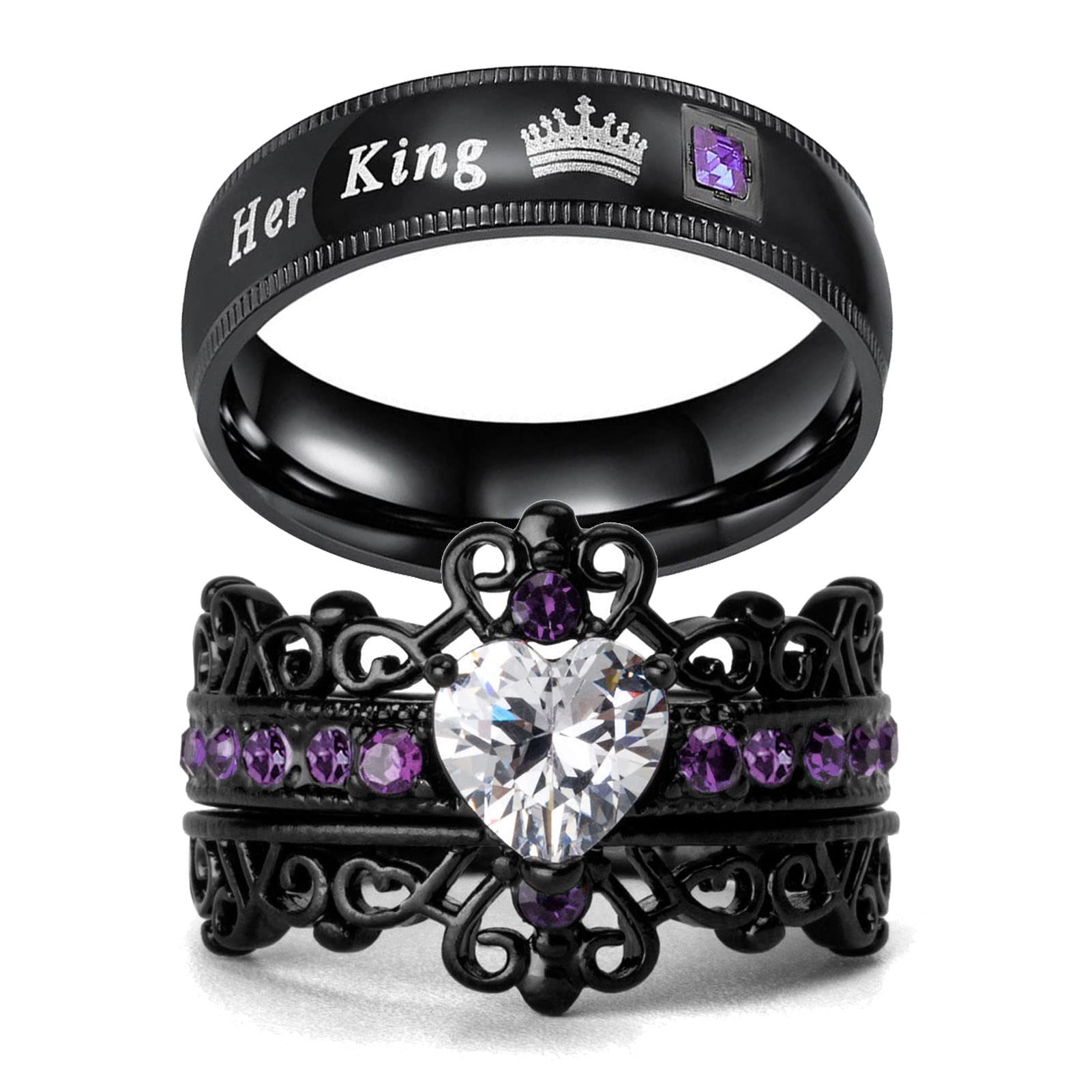 Couple Rings Crown Ring Matching Ring Heart Cz Womens Wedding Ring Sets for Him and Her Crown Ring(Please Buy 2 Rings for 1 Pair)