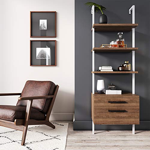 Nathan James Theo 6-Shelf Tall Bookcase, Rustic Oak/White & Theo Industrial Bookshelf with Wood Drawers and Matte Steel Frame, 3-Shelf, Oak/White