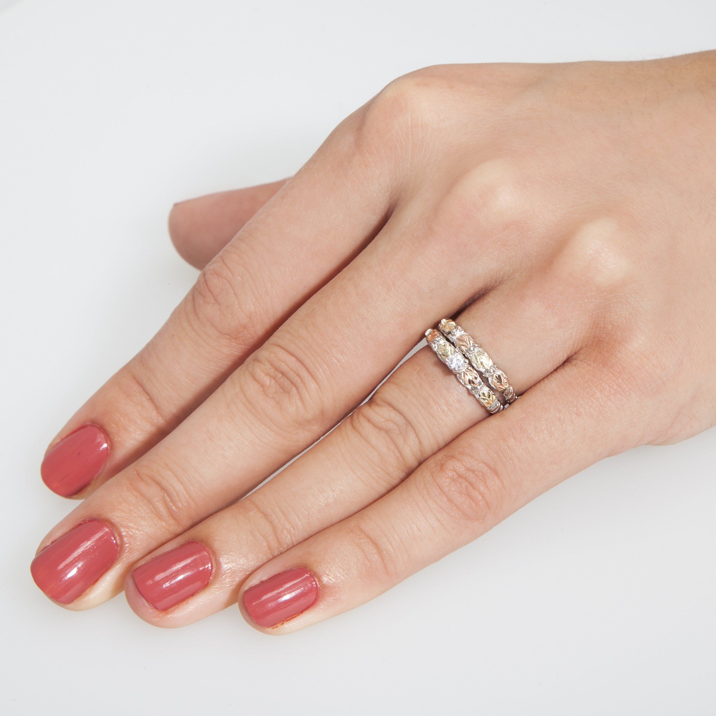 CZ Wedding and Engagement Ring Set, Sterling Silver, 12k Green and Rose Gold Black Hills Gold Motif, Size 9