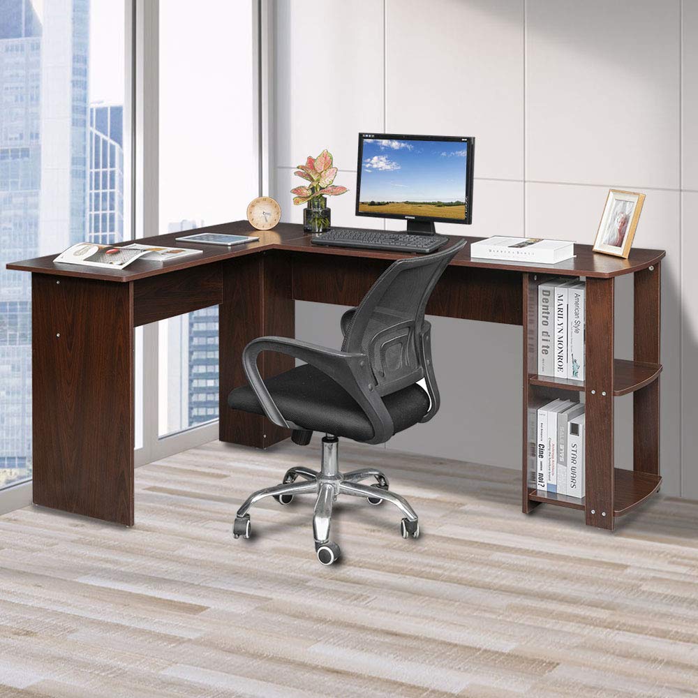Dark Brown Computer Desk Corner Desk with Shelves, Home Office Desk, L-Shaped Desk Table Workstation Writing Table with Storage Shelves 52.75" H x 19.67 "Lx 27.56" H