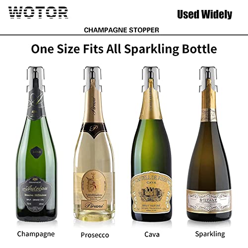 WOTOR Champagne Stoppers with Stainless Steel Champagne Bottle Stopper with Food Grade Silicone Reusable Champagne Cork, Saver Suitable for Champagne, Cava, Prosecco, Sparkling Wine (Silver, 2pack)