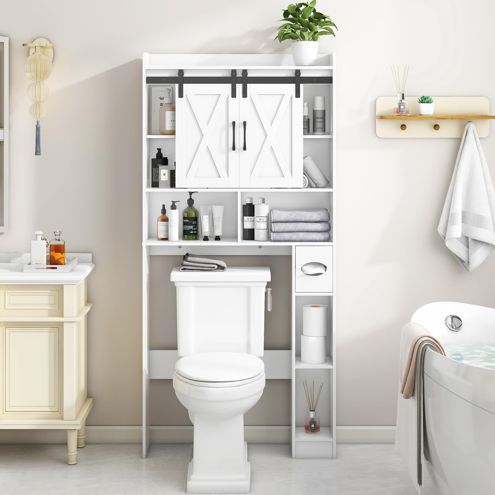 Over The Toilet Storage Cabinet, Farmhouse Storage Cabinet Over Toilet with Sliding Doors,Home Space-Saving Toilet Rack, for Bathroom, Restroom, Laundry