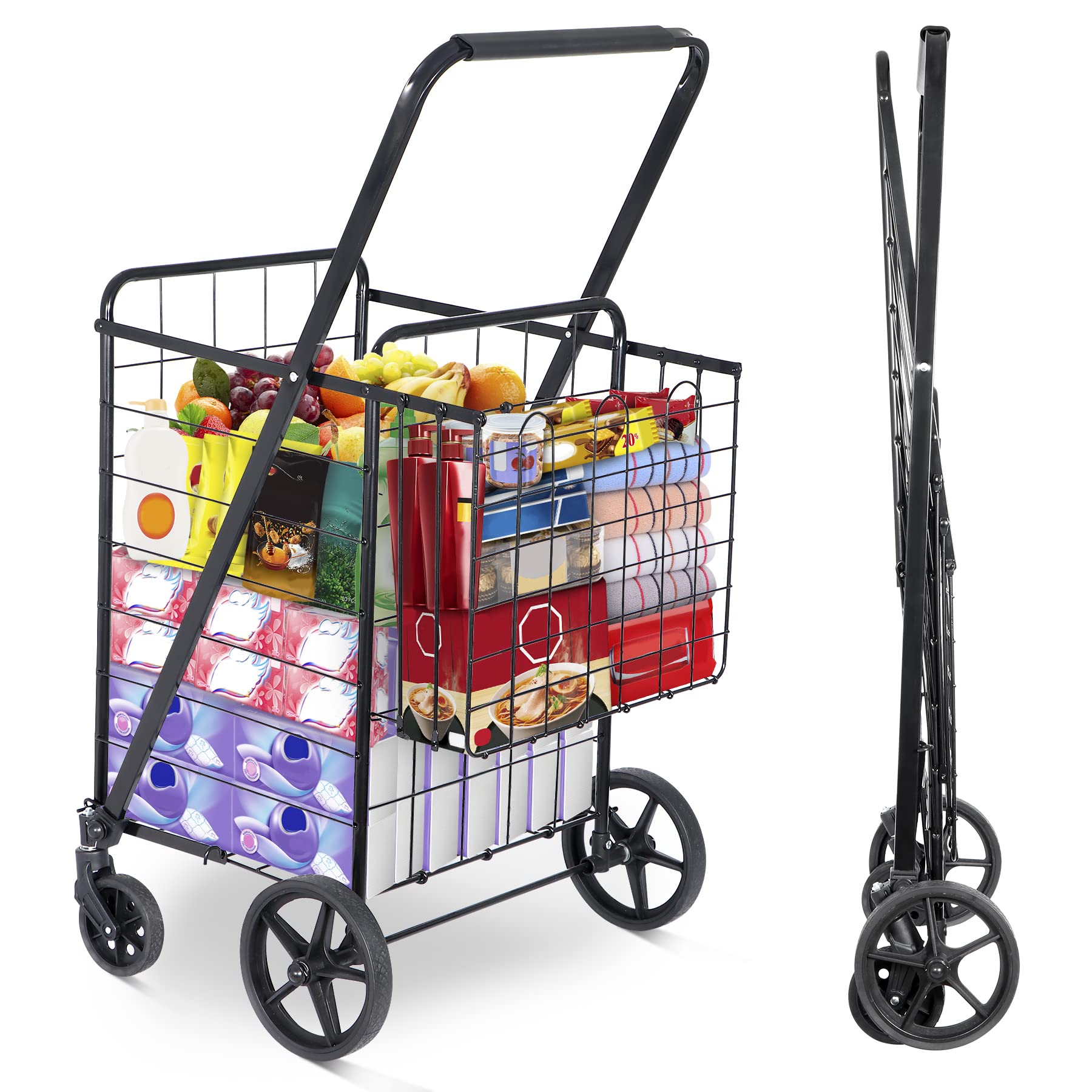 F2C Folding Shopping Cart with Wheels and Double Basket, Grocery Utility Cart Ground Rolling Cart,Collapsible Portable Cart,Compact for Shopping Laundry,Garden, Grocery,Travel, Black¡­