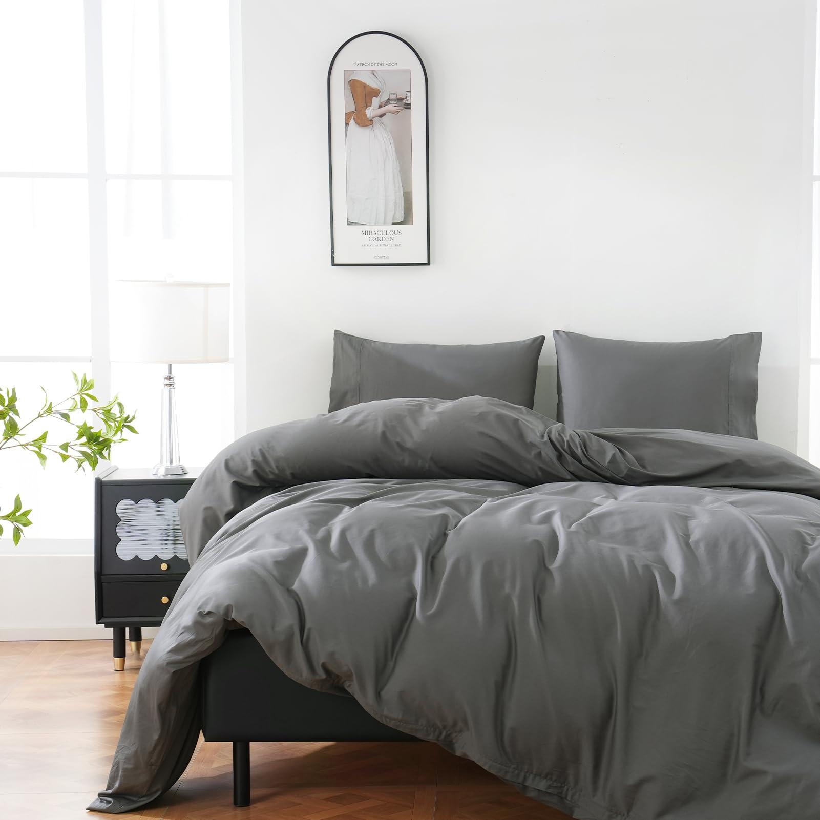 Overket 100% Organic Cotton Duvet Cover Queen Size Luxury 400 Thread Count Duvet Cover Queen Size Sateen Comforter Cover Soft and Breathable Cooling Bedding Set 3 Piece(Dark Grey,Queen)