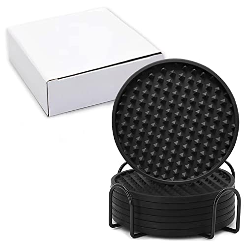 WEGO Coasters for Drinks Set of 6 with Holder, Silicone Coasters Tabletop Protection for Any Table Type, Wood, Glass, Stone Tables, Dishwasher Safe, Washable and Heat Resistant Coffee Coasters (Black)